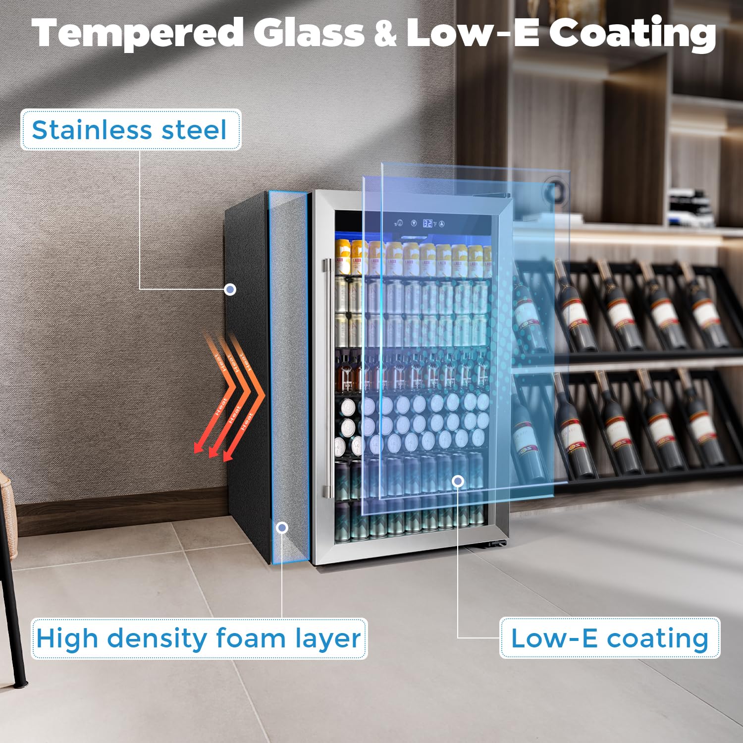 Kndko Beverage Refrigerator and Cooler, Mini Fridge 145 Can, Little Cooler, 32~61℉, Small Refrigerator with 5 Adjustable Shelves for Bar, Home Office, Bedroom, Garage, Game Room,4.5 Cu.Ft