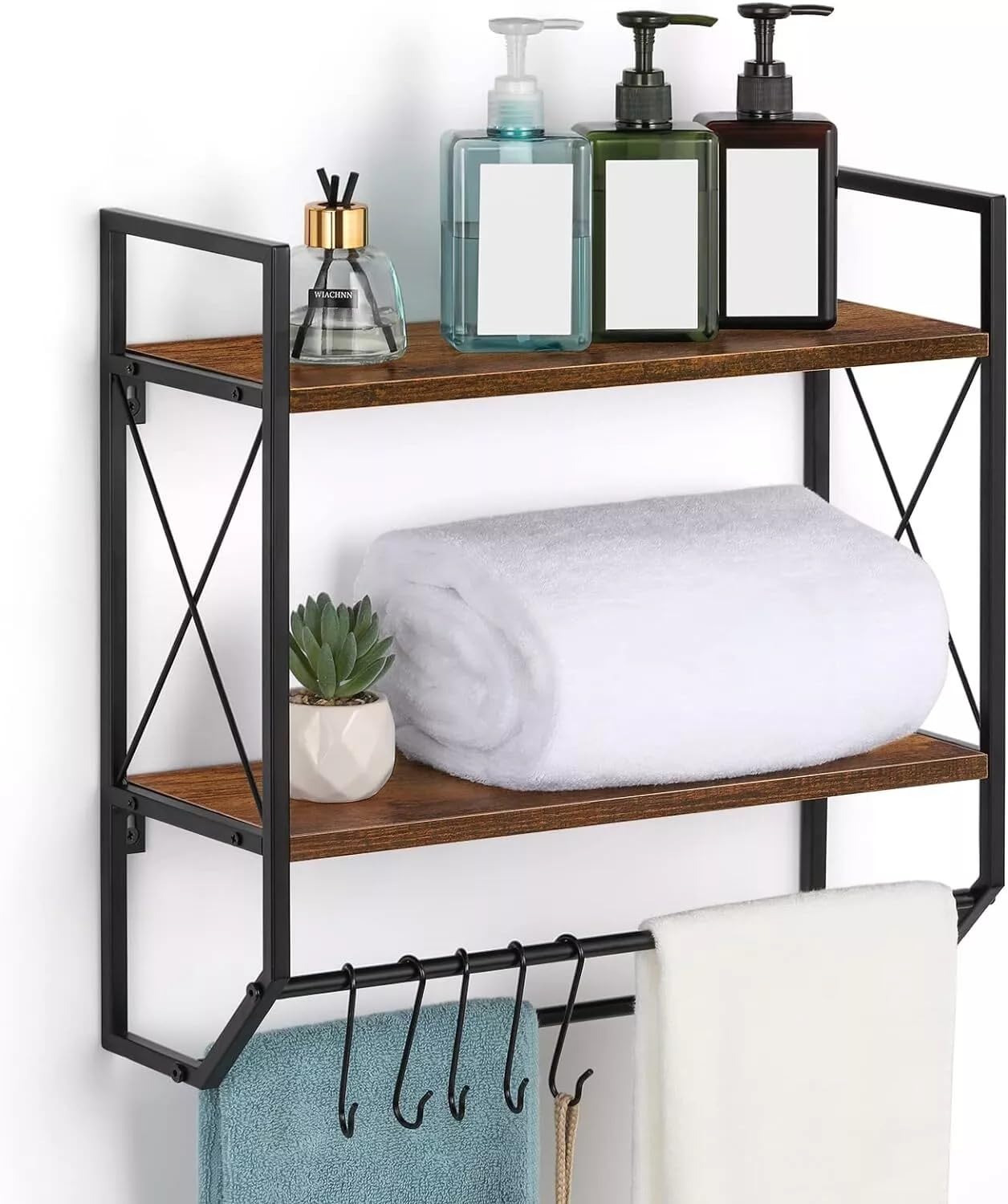 Generic VcJta Rustic Bathroom Towel Rack 2 Tier with Wall Mount Shelf & Hooks - Organizer for Towels & Essentials, Brown, E296382534364