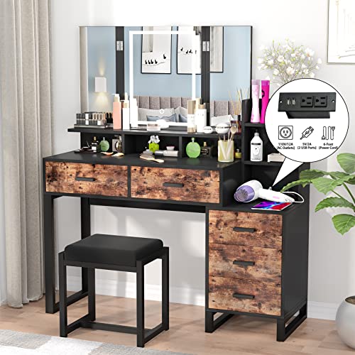 PAKASEPT Vanity Set with Lighted Tri-fold Mirror, Vanity Desk with Charging Station, 3-Color Adjustable Touch Light, 5 Drawers, Storage Shelves&Cushioned Stool Makeup Vanity for Bedroom, Black