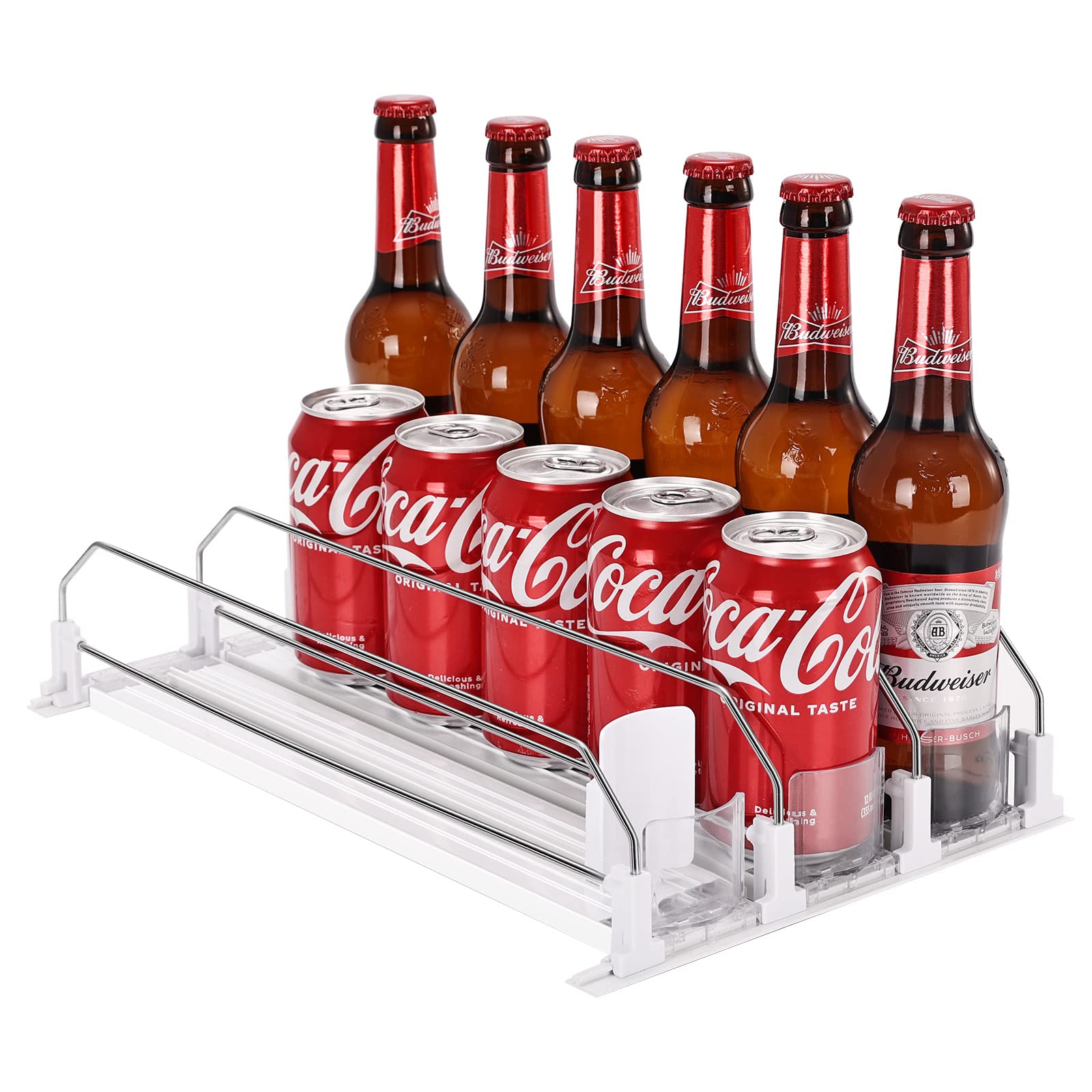 Drink Organizer for Fridge, Self-Sliding Soda Can Organizer for Refrigerator and Adjustable Width, 12oz 16oz 20oz drinks can be accommodated, up to 40+ Cans(5+3 ROWS)