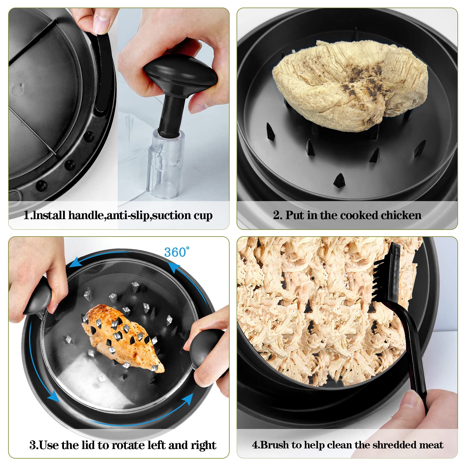 Chicken Shredder, 9.8"Visible Meat Shredder with Anti-slip Suction Cup and Brushes Heat Resistant Safe Chicken Shredder Tool Twist Chicken Shred Machine for Cooked Beef Chicken Vegetable Salad (Black)