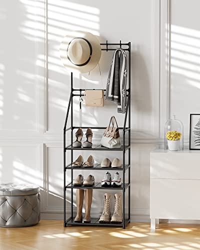 TIMEBAL Shoe Rack Coat Hat Rack, Stackable Shoe Storage Organizer, holds 8 Pair Shoes and Boots and hangs Coats & Hats, Durable Metal Pipes Shoe Shelf Organizer for Entryway, Hallway, Living Room