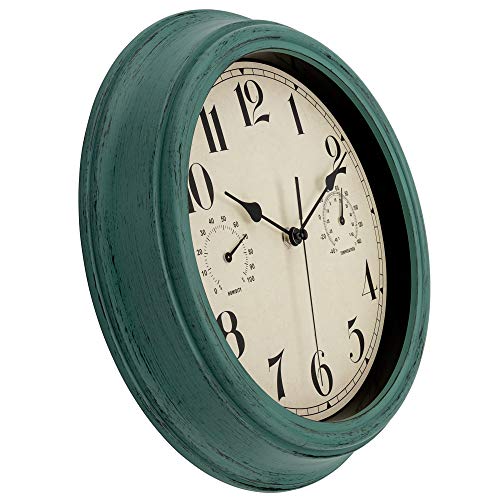 Foxtop Indoor Outdoor Waterproof Wall Clock with Thermometer and Hygrometer Combo,12 Inch Retro Silent Battery Operated Round Clock for Patio Home