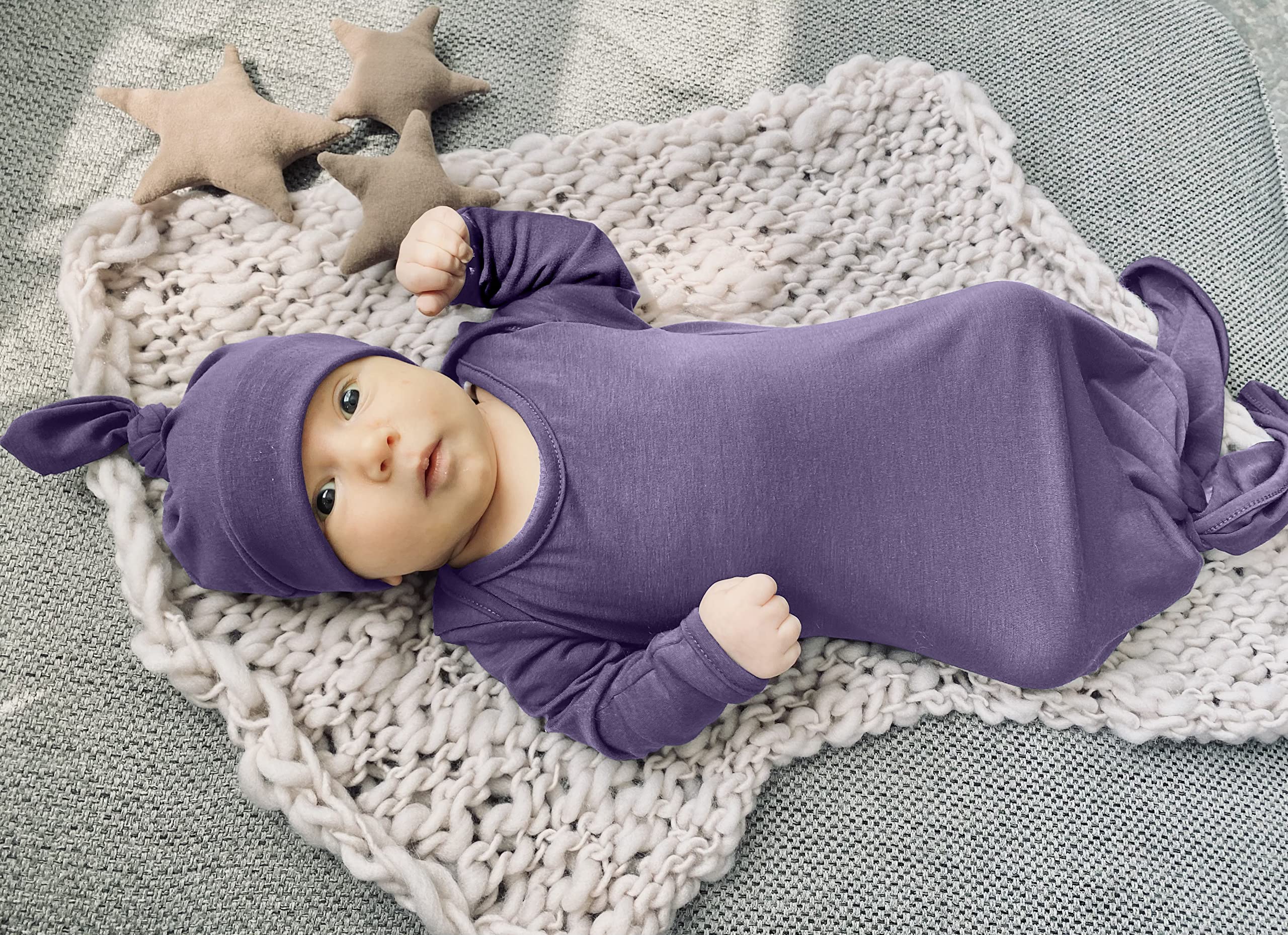 Soft Newborn Baby Gown with Hat | Sleep Nightgown with Long Sleeve and Mitten Cuffs for Girl and Boy (Navy)