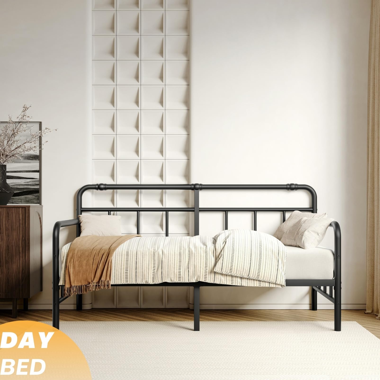 FDLOGW Twin Daybed Frame, Classic Day Bed Frame Twin Size with Headboard, Metal Platform Sofa Bed for Bedroom Living Room, Heavy Duty, Easy Assembly