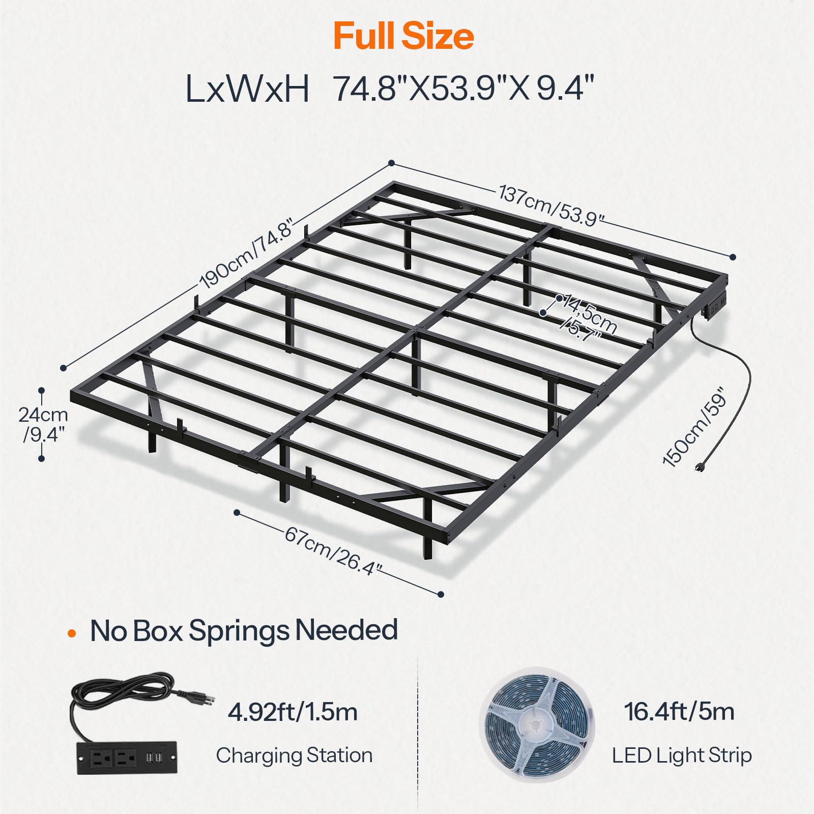HOOBRO Floating Bed Frame King Size, Bed Frame with Charging Station and LED Lights, Industrial Style Metal Platform King Bed, Soundless, No Box Springs Needed, Black