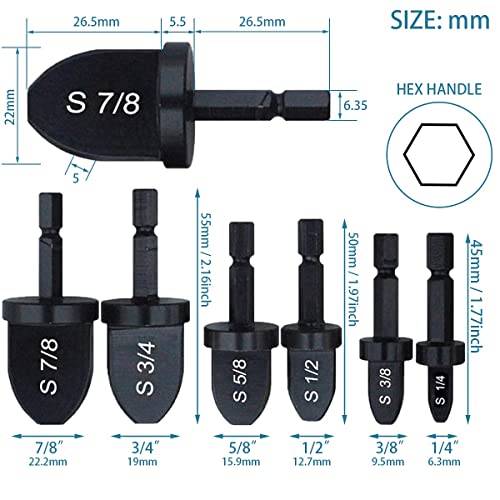 Hilitand 6Pcs Swaging Tool Drill Bits Set, Professional Manual Copper Pipe Swage Tool Drill Bits Triangular Handle, HVAC Repairing Set 7/8'', 3/4'', 5/8'', 1/2'', 3/8'', 1/4'' Bits