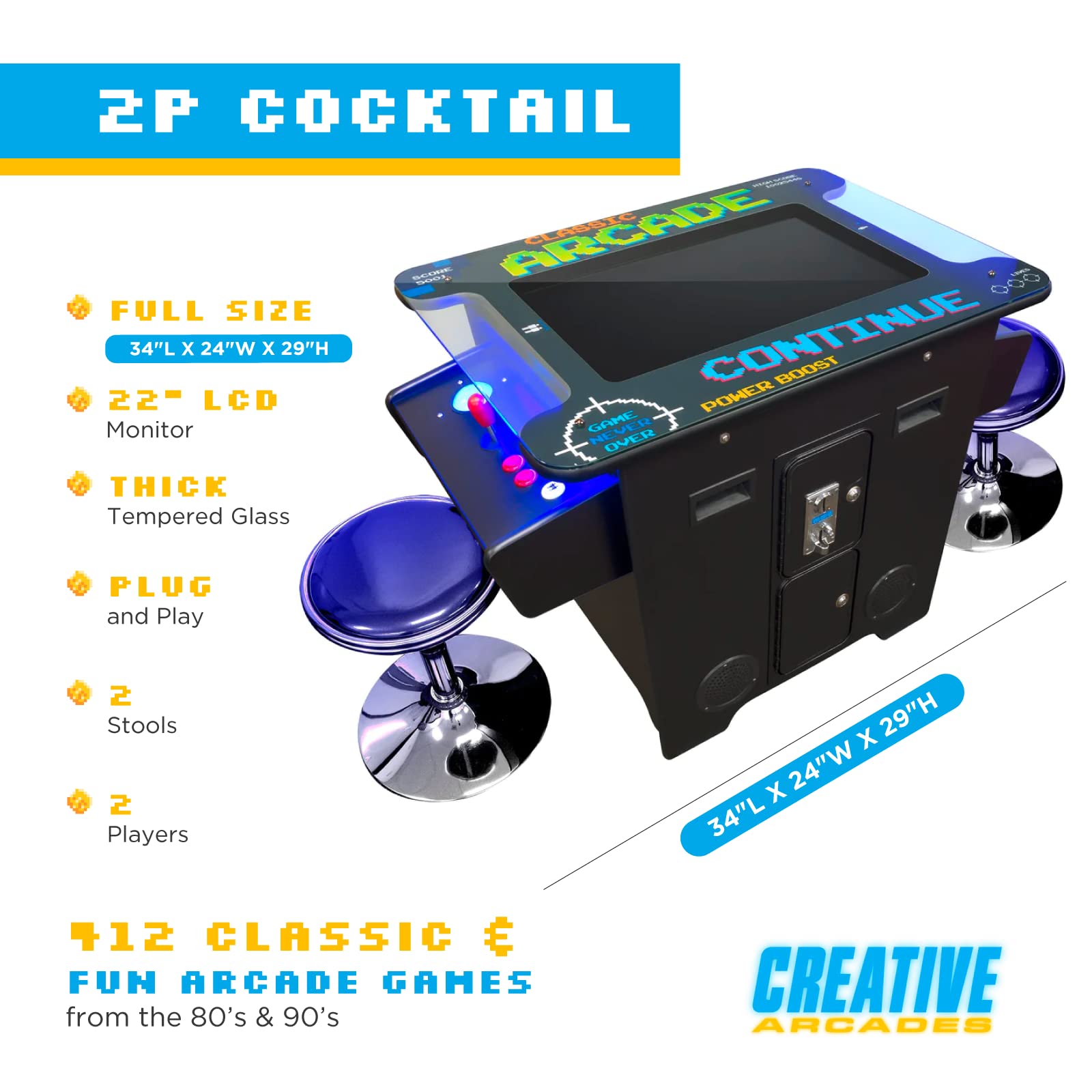 Creative Arcades Full Size Commercial Grade Cocktail Arcade Machine | 2 Player | 412 Games | 22" LCD Screen | Square Glass Top | LED | 2 Sanwa Joysticks | Trackball | 2 Stools | 3 Year Warranty