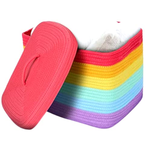 Rainbow Cotton Rope Magazine Basket w/Handles 14”x11” | Colorful Room Decor Storage Baskets for Organizing