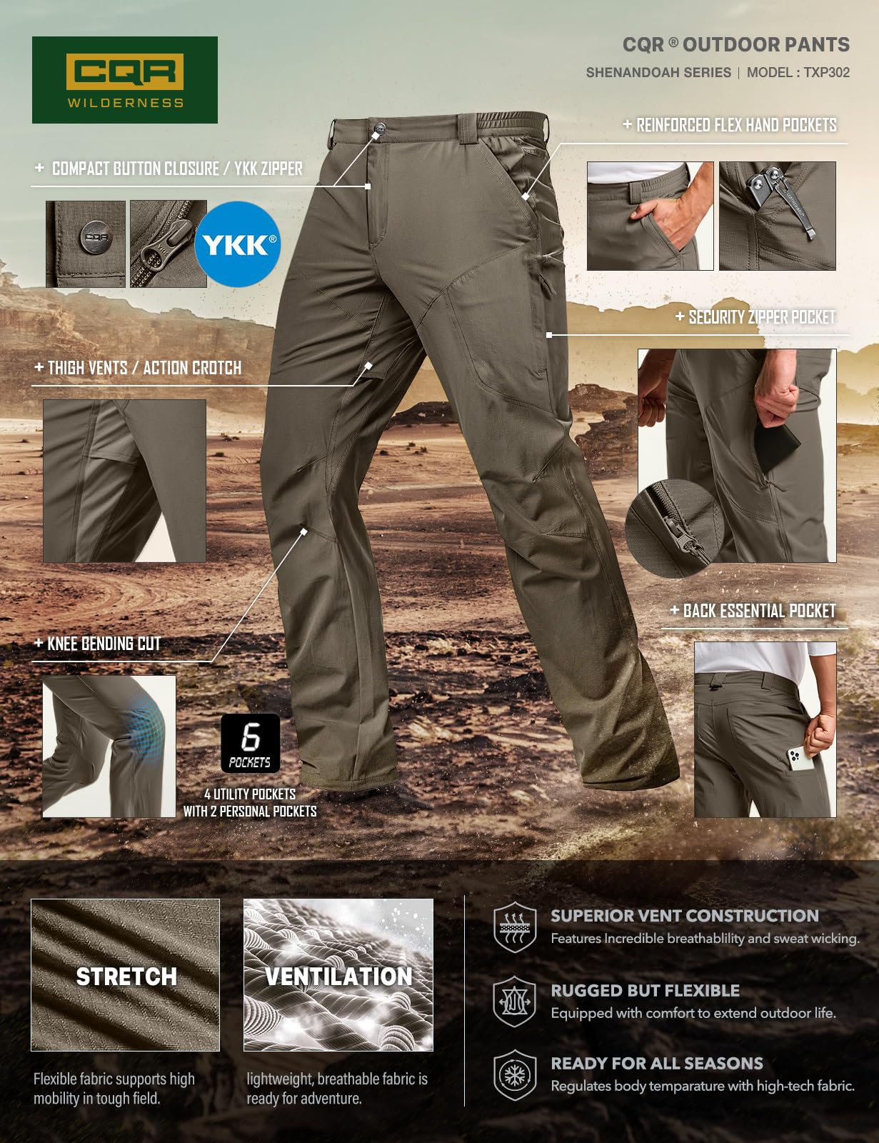 CQR CLSL Men's Vent Stretch Pants, Cool Dry Lightweight Casual Cargo Pants, Water Resistant Straight-Fit Utility Work Pants, Shenandoah Sand khaki, 36W x 32L