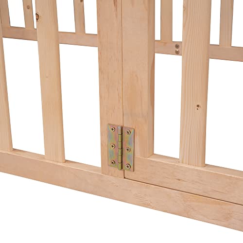 LZ LEISURE ZONE Twin Size Platform Bed with Fence, Solid Wood Floor Bed Frame with Door, Twin Size Daybed Fram, Natural