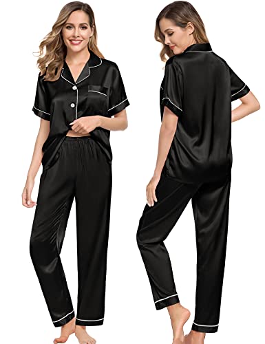 SWOMOG Pajamas Sets Women Silk Satin Sleepwear Short Sleeve Pjs Top with Long Pants Nightwear Set Loungewear Set Black