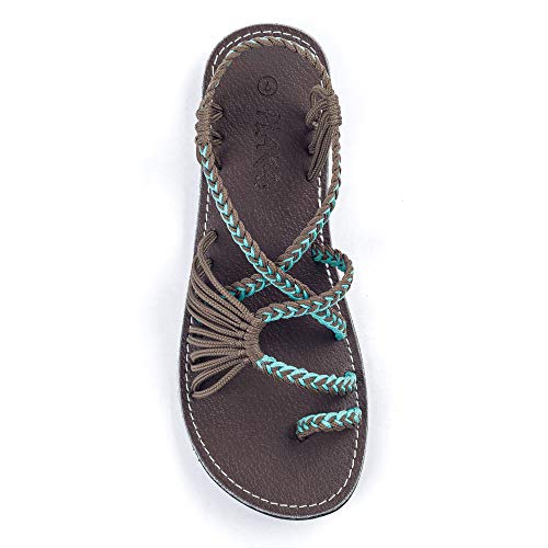 Plaka Palm Leaf Flat Summer Sandals for Women | Perfect for The Beach Walking & Dressy Occasions | Turquoise Gray | Size 8