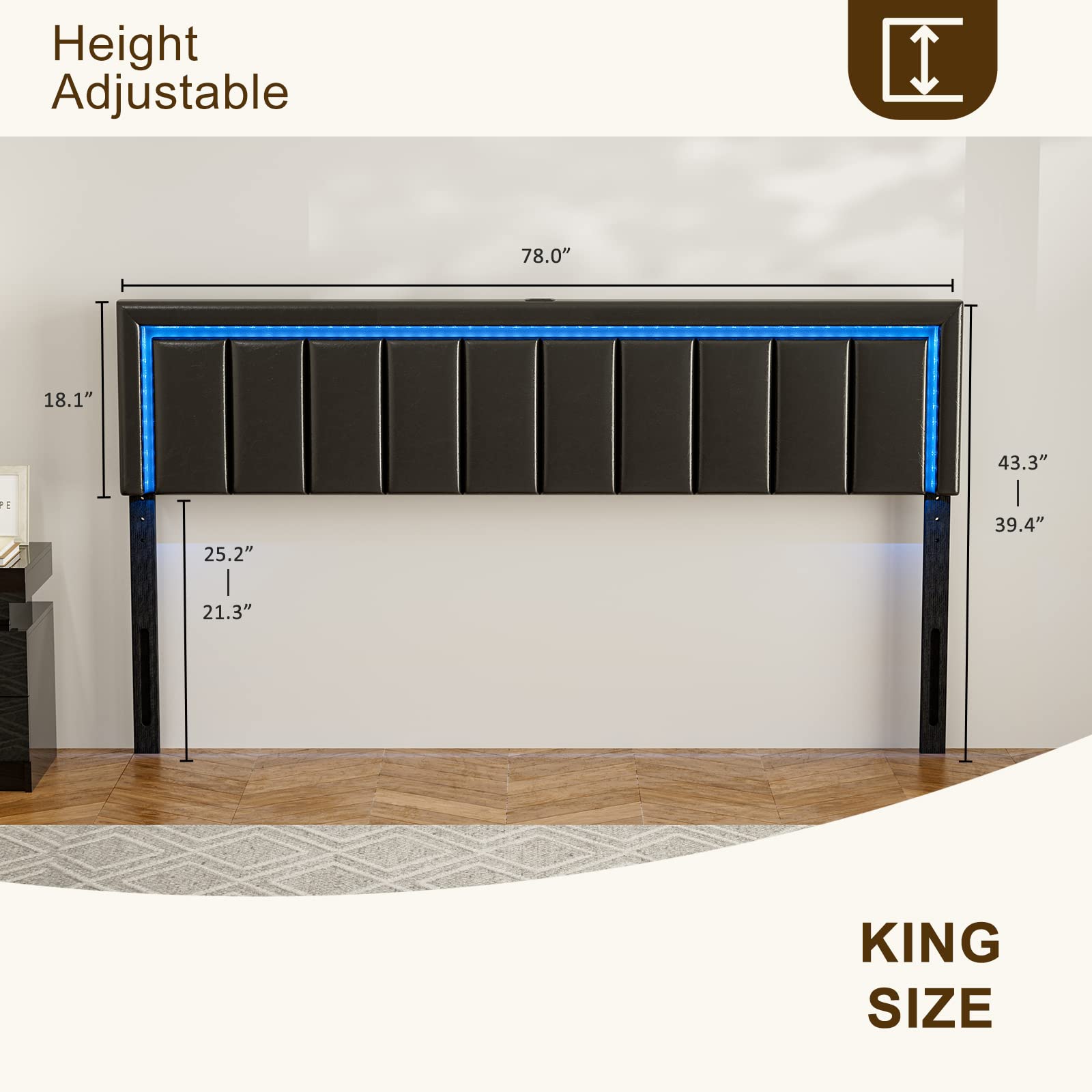 IKIFLY King Size LED Headboard with 2 USB Ports, Adjustable Height - Modern Faux Leather Headboard with Changing LED Lights - Easy Assembly, Upholstered King Headboard Only for Bedroom - Black