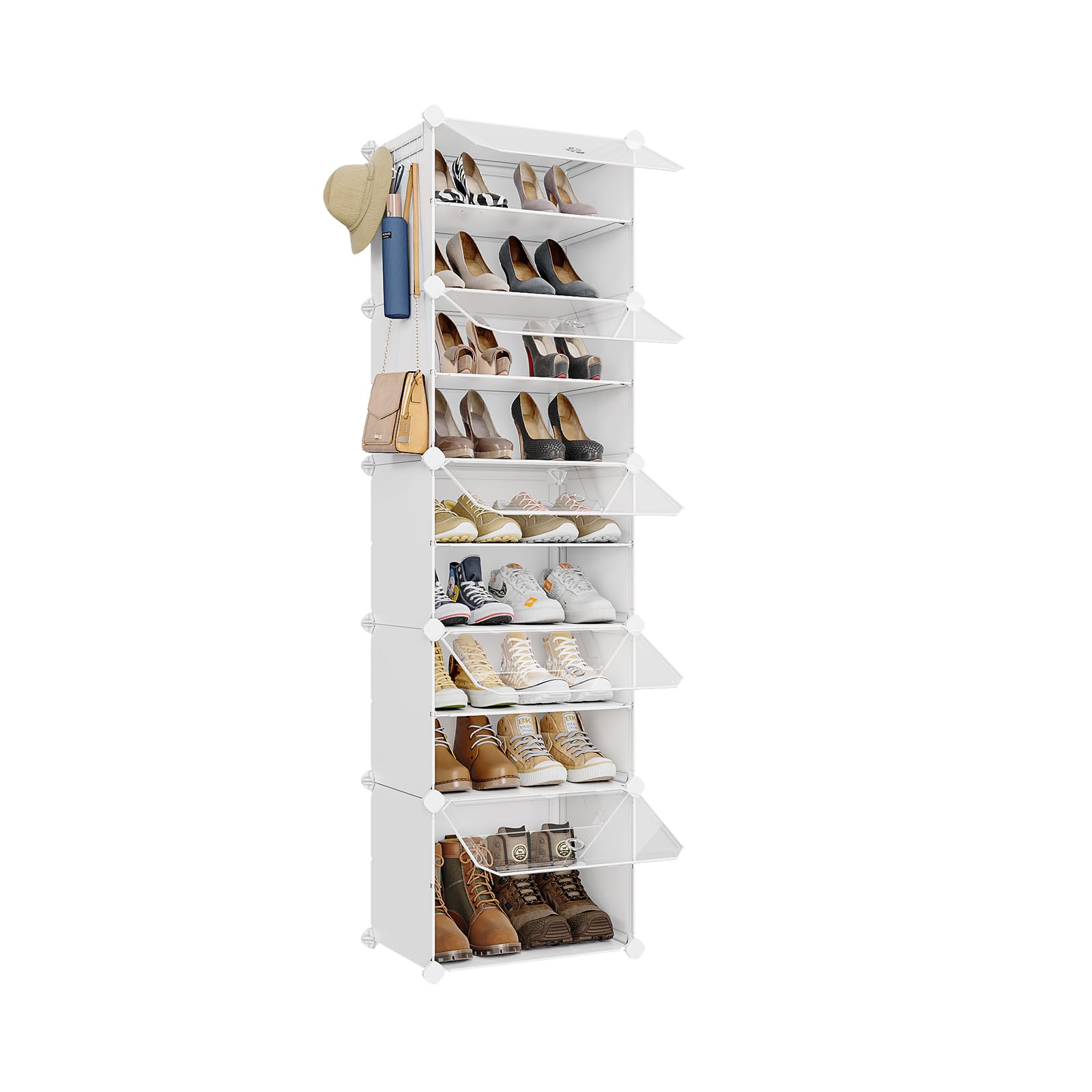 VIPZONE 10-Tier Narrow Shoe Rack,20 Pairs Tall Shoe Cabinet Storage,Vertical Shoe Organizer for Closet,Entryway,Hallway, Bedroom,Shoe Storage with Door,Plastic Shoe Shelves,White