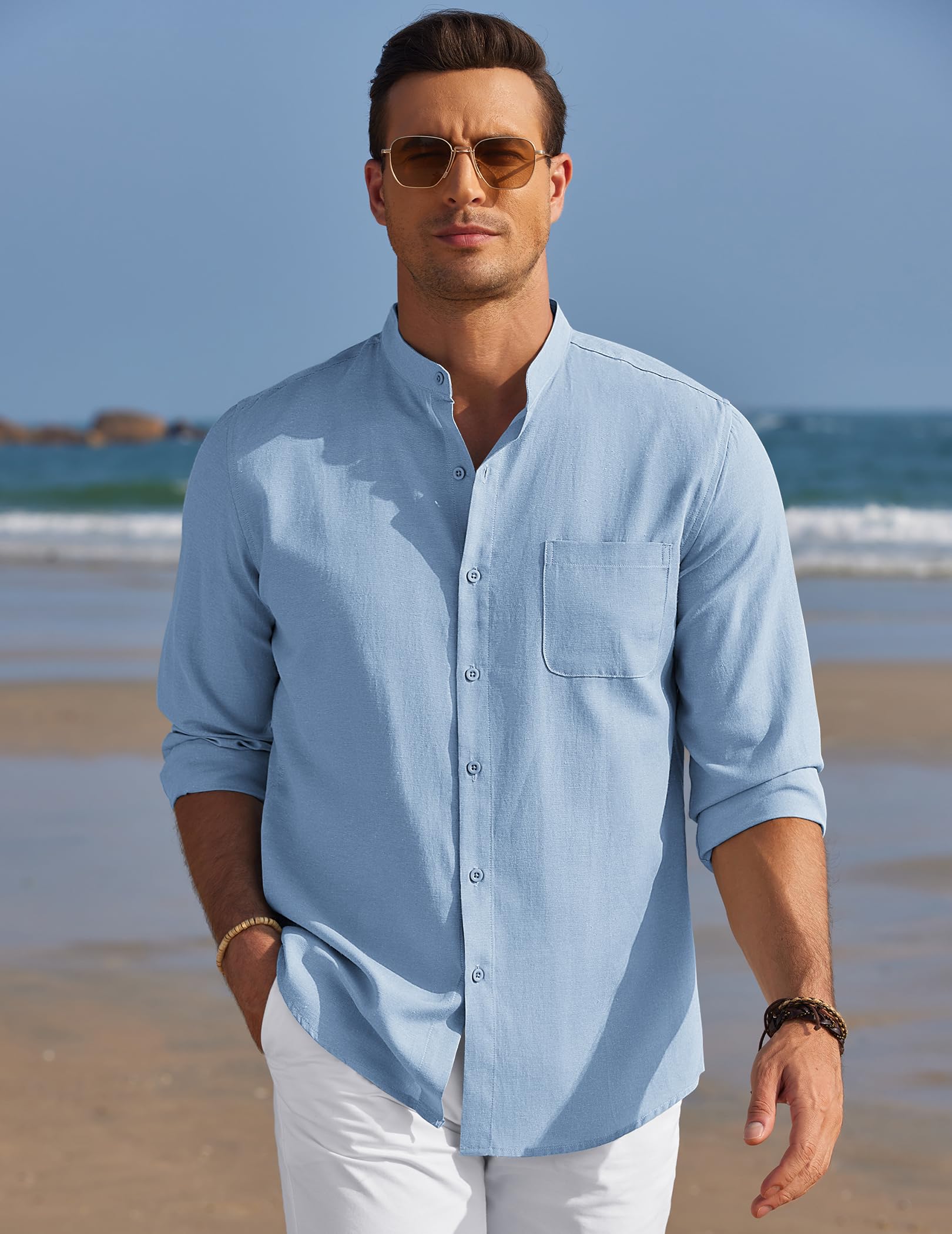 COOFANDY Mens Cotton Linen Mandarin Collar Shirts Long Sleeve Button Down Chambray Shirt Sky Blue