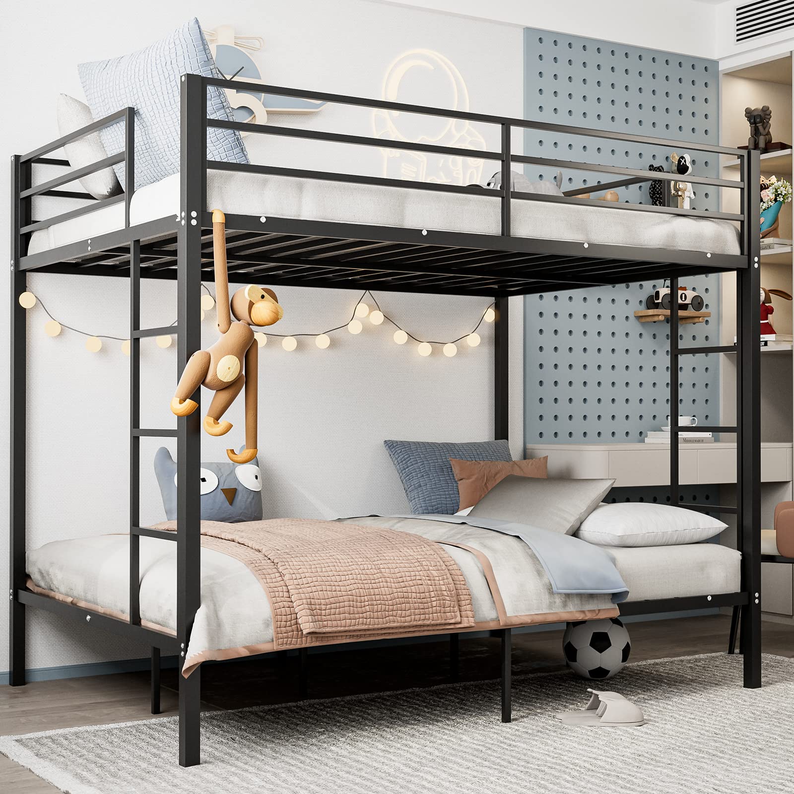 IKIFLY Metal Full Over Full Bunk Beds, Heavy Duty Full Size Bunk Bed Frame with 2 Built-in Ladders, Safety Guard Rail, Space-Saving Design, for Kids, Teens, Adults - No Box Spring Needed - White