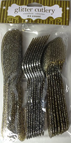 Creative Converting 24-Piece Premium Plastic Assorted Cutlery, Glitz Gold Glitter - 019805
