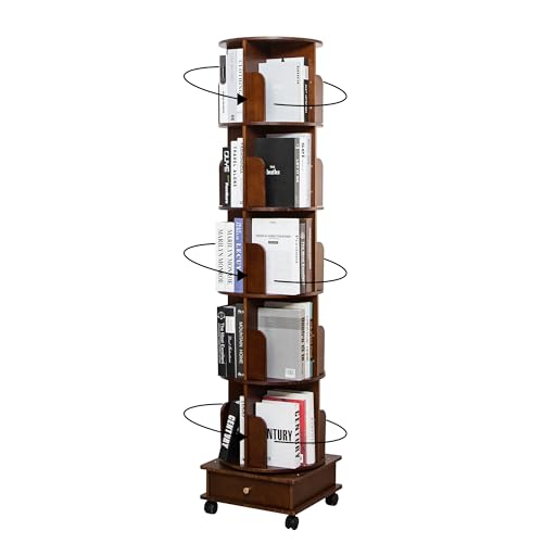 GHBRHBJ Solid Wood Rotating Bookshelf Tower,360 Bookshelf Rotating,Round Bookcase,Narrow Bookshelf with Drawers,Spinning Bookshelf for Home Office, Study Room