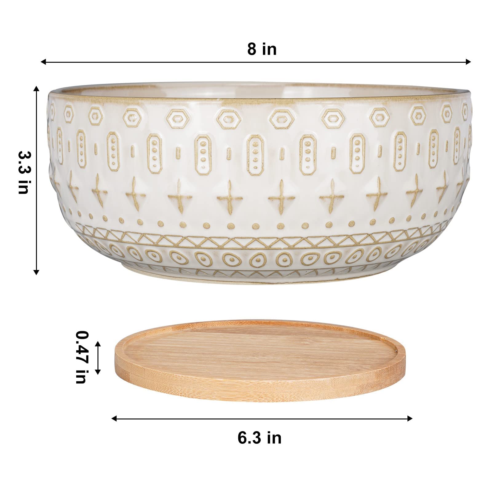 Fivepot 10+8 Inch Ceramic Succulent Planter Pots with Drainage Hole Clay Flower Pot for Indoor Plants Round Shallow Bonsai Pot with Bamboo Tray White