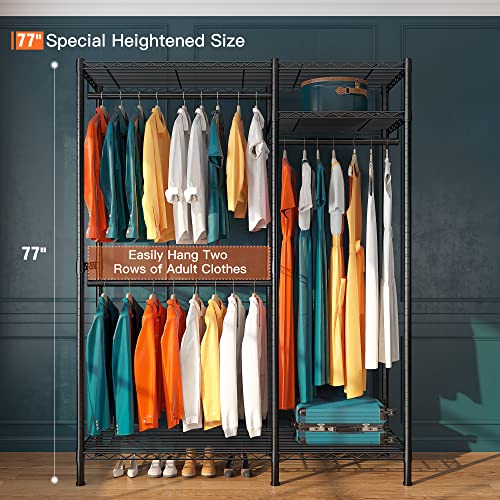 Raybee 77" Heavy Duty Closet Loads 700LBS, Adjustable Clothing Racks for Hanging Clothes, Commercial Garment Rack Heavy Duty Clothes Rack, Free Standing Closet Wardrobe, 77" H x45.5 W x16.5 D, Black