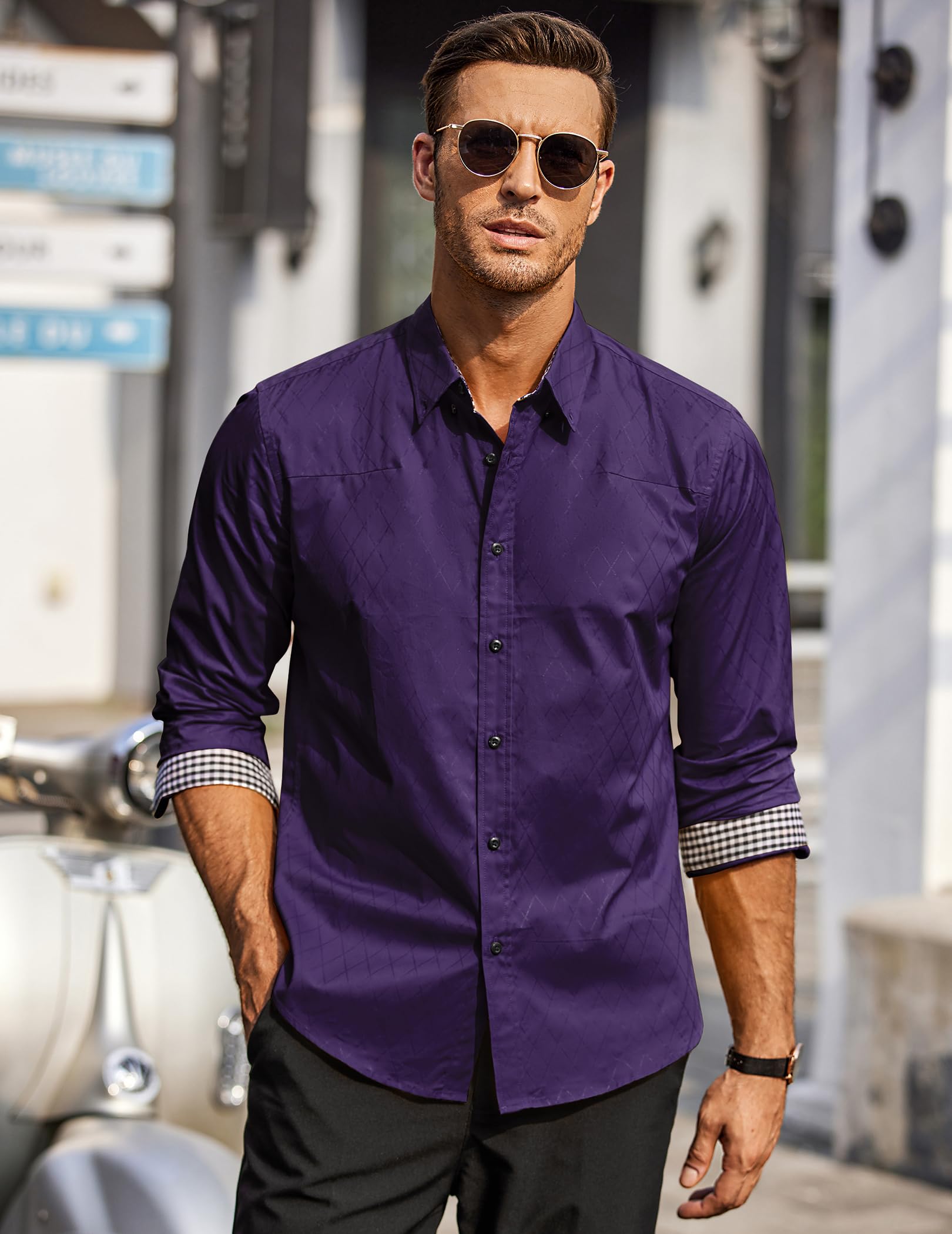COOFANDY Mens Shirt Business Dress Casual Slim Fit Button Down, Solid Purple, XX-Large, Long Sleeve