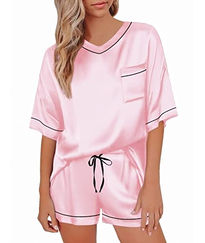 SWOMOG Womens Short Sleeve Satin Pajama Set Silk Pjs Lounge Set V Neck Two Piece Loungewear Sets Cute Cozy Sleepwear Rose Pink