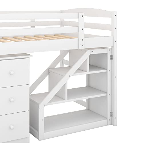 HYC Twin Loft Bed with Multifunctional Movable Built-in Desk, Wood Low Loft Bed with Stairs, for Kids Teens Girls Boys,White