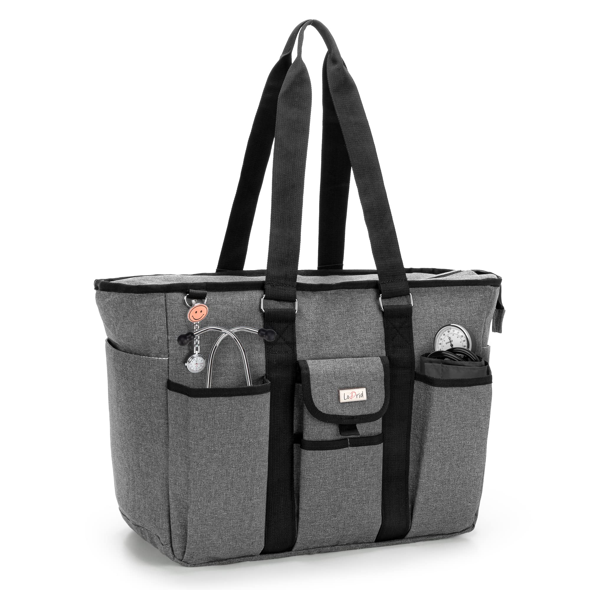 LoDrid Nurse Bag with Bottom Pad, Large Home Health Nurse Bag, Medical Assistant Bag with Multiple Pockets Features, Nurse Equipment Bag for Work, Grey, Bag Only