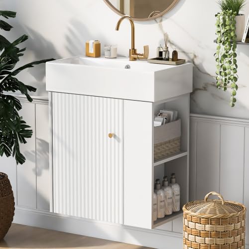 iLintek 21.6 Inch Modern Floating Bathroom Vanity with Ceramic Basin - Perfect for Small Bathrooms, Right Side Storage
