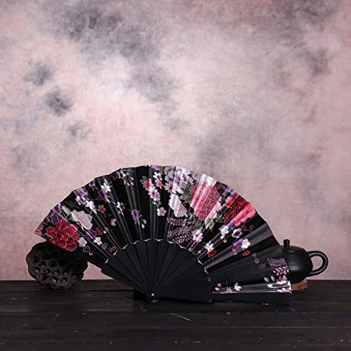 Dance Hand Party Held Flower Fan Style Wedding Lace Folding Silk Chinese Fans Metal Fans Oscillating with Remote (Black-0, One Size)