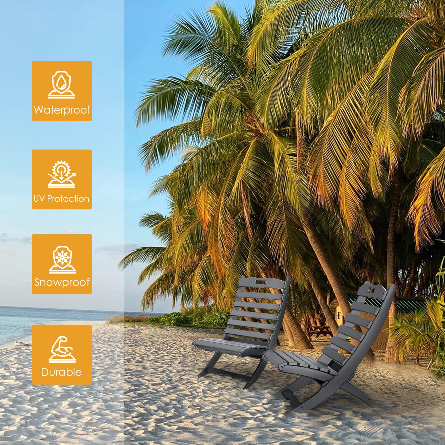 IVY&LANE Portable Xavier-Chairs Set of 2 | Folding-Adirondack-Chair | Wave | HDPE Plastic | Black | All-Weather Resistant | for Outdoor Fire-Pit Patio Lawn Beach Poolside