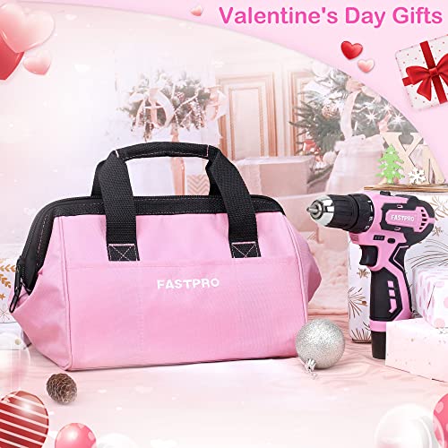 FASTPRO 175-Piece 12V Pink Drill Set, Cordless Lithium-ion Driver and Tool Kit, House Repairing Tool with 12-Inch Storage Bag, For DIY, Home Maintenance.