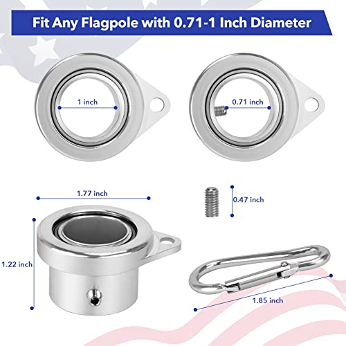 FLAG WIN Aluminum Alloy Flagpole Ring Set with Bearings 2 Pack, Anti Wrap 360°Rotating Flag Mounting Ring Spinning Flag Pole Kit with Carabiner for 0.71-1.00 Inch Diameter Flagpole(Silver)