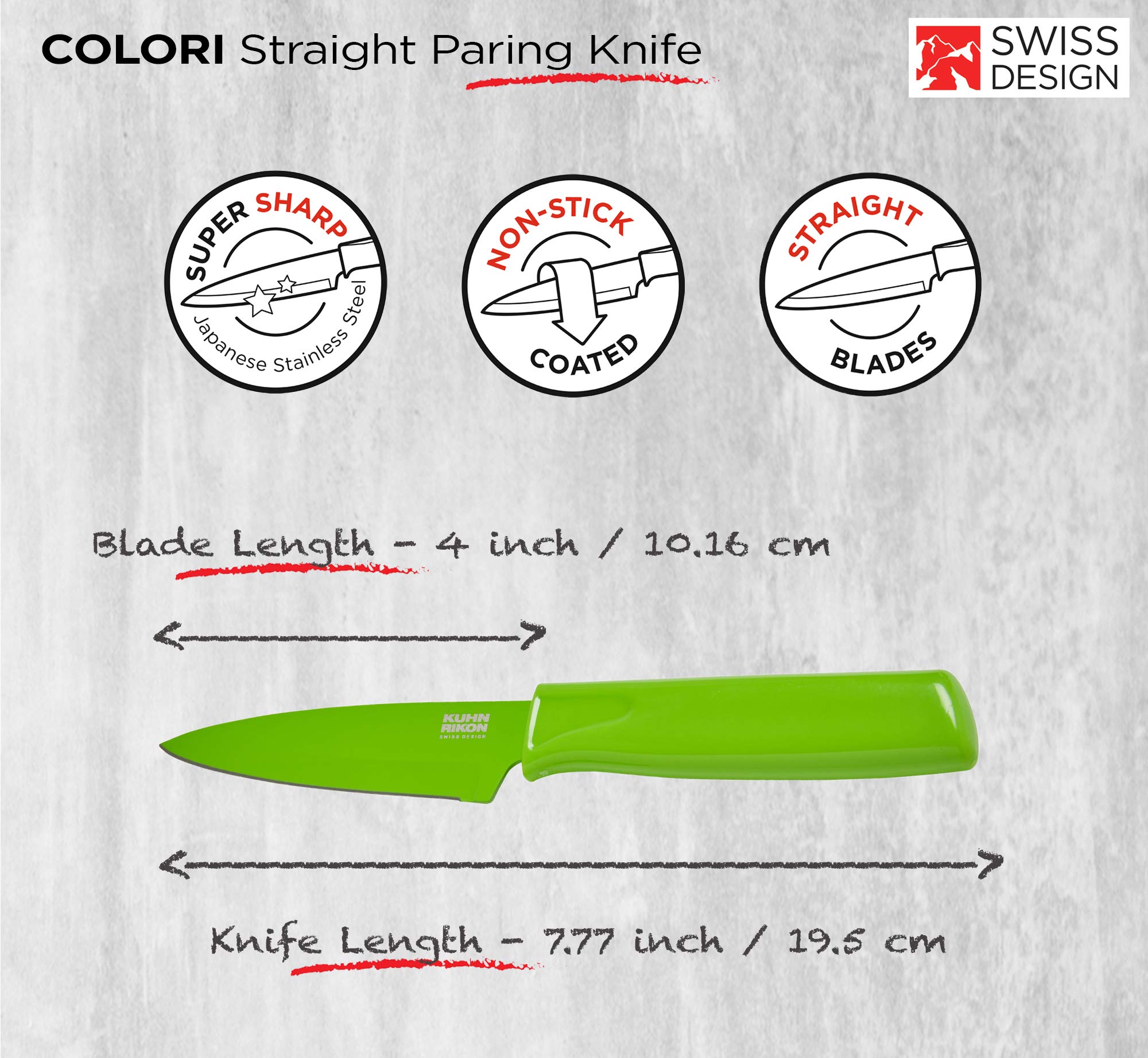 Kuhn Rikon Colori Non-Stick Straight Paring Knife with Safety Sheath, 4 inch/10.16 cm Blade, Lime