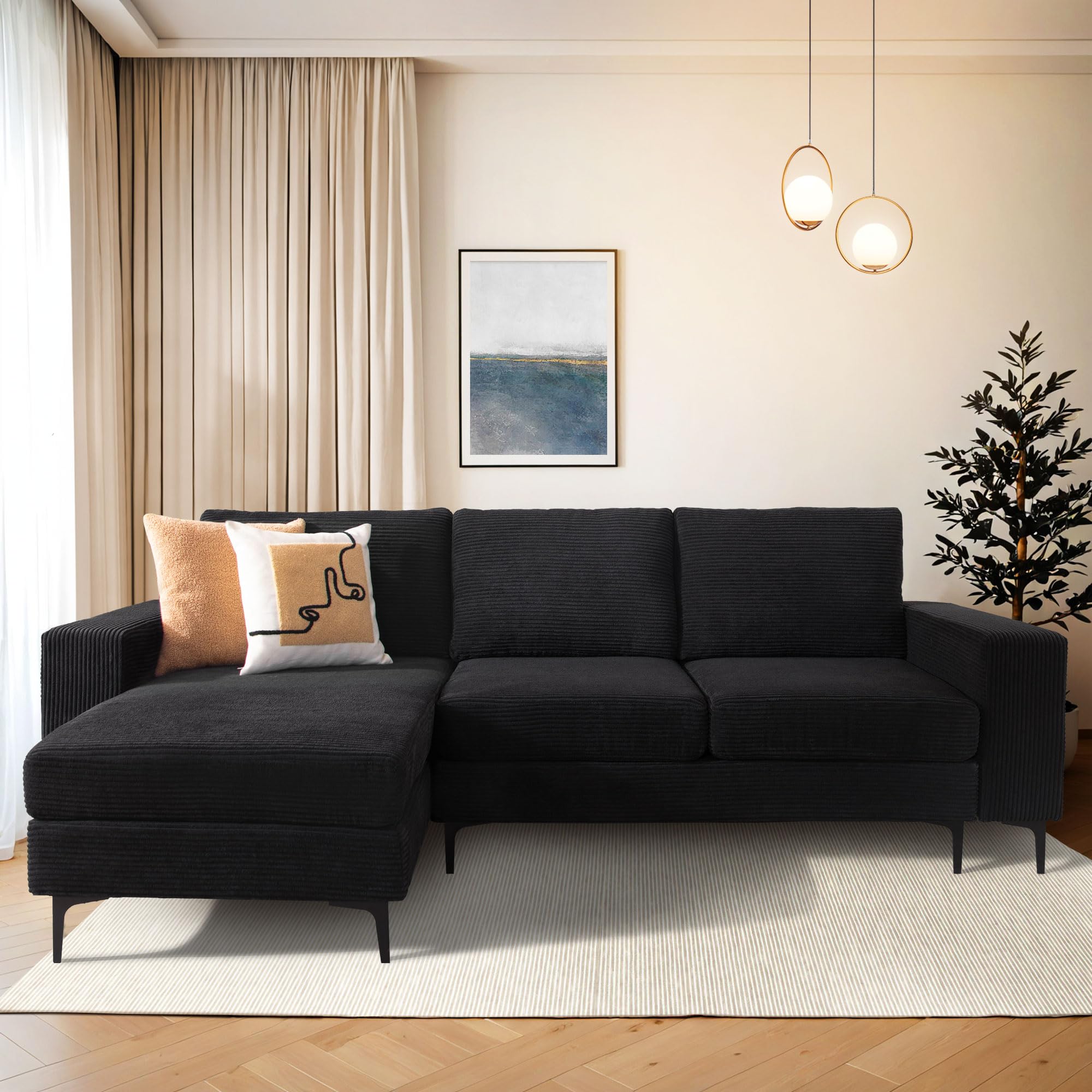 HOOOWOOO 100" L Shaped Couch with Left Chaise,Black Corduroy Home Sofa Living Room,Modern Extra Deep Sofa Couch Set,Corner Couch Comfortable