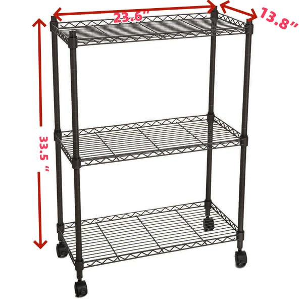 Imseigo 3-Layer Adjustable Metal Storage Shelf,Plastic Coated,1.5" Plastic Wheel Casters,Mobile Iron Organizer Wire Rack,23.6" L x 13.8" W x 33.5" H for Indoor Living Room,Kitchen,Corridor,Bedroom