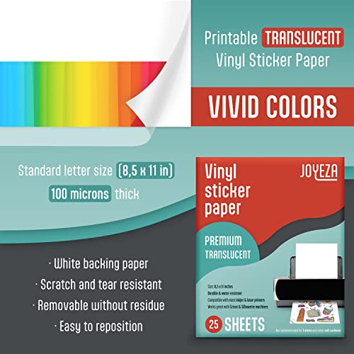 JOYEZA Premium Printable Vinyl Clear Sticker Paper for Inkjet Printer - 25 Sheets Translucent Waterproof, Dries Quickly Vivid Colors, Holds Ink well - Inkjet & Laser Printer