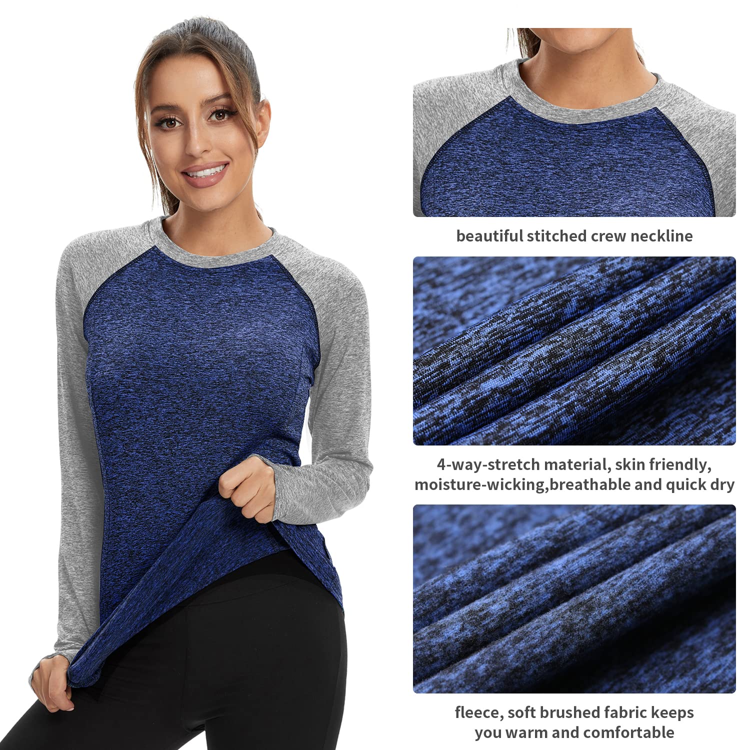Fleece Lined Shirt for Women Long Sleeve Running Shirts with Thumb Holes(Navy-Grey,Medium