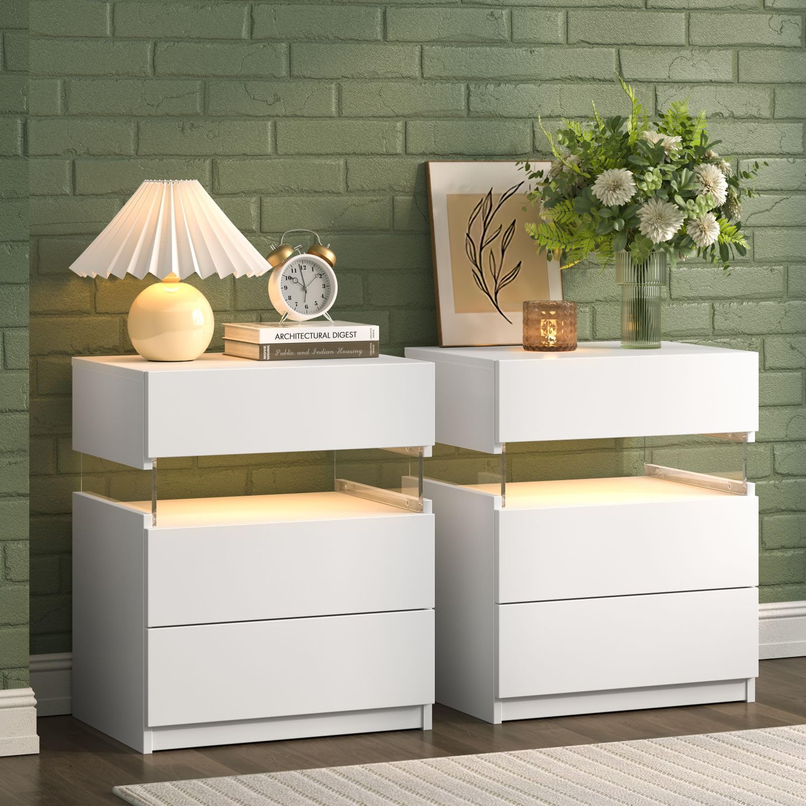 i-aplus Night Stand Set 2 LED Night Stand for Bedroom Modern LED Bedside Table with 3 Drawers End Side Table