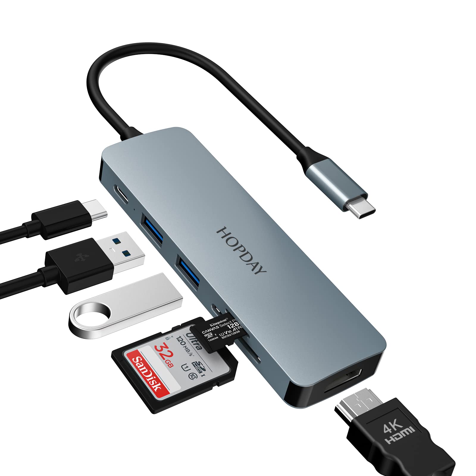 HOPDAY USB C Hub, 6 in 1 USB C Dock, MacBook Pro/Air iPad Pro USB C to HDMI Dongle for Surface Pro 8 Laptop(4K HDMI, Type C PD 100W, 5Gbps USB 3.0,SD/TF Card Reader)