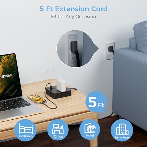 Flat Plug Power Strip, TESSAN Ultra Thin Extension Cord with 3 USB Wall Charger, 5 ft Slim Desk Charging Station Compact for Cruise Ship, Travel, Home, Office, Dorm Room Essentials, Black