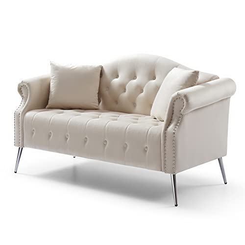 Homtique Velvet Loveseat Sofa for Living Room, Mid Century Modern Sofa Upholstered Button Tufted Rolled Arms and Metal Legs, 59.4" Small Sofa Couches for Small Spaces with 2 Pillows for Bedroom(Beige)