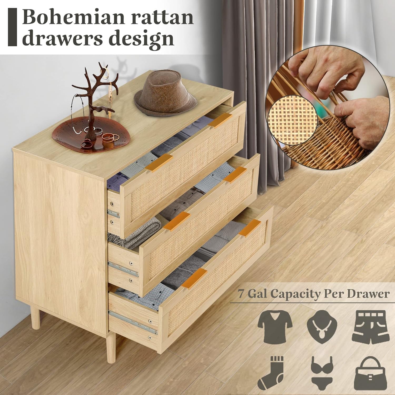 HOPUBUY Large Nightstand Set of 2 with Rattan Drawer, Modern 3 Drawer Night Stand for Bedroom, Wooden Bedside Table for Queen Size and King Size Bed,Oak