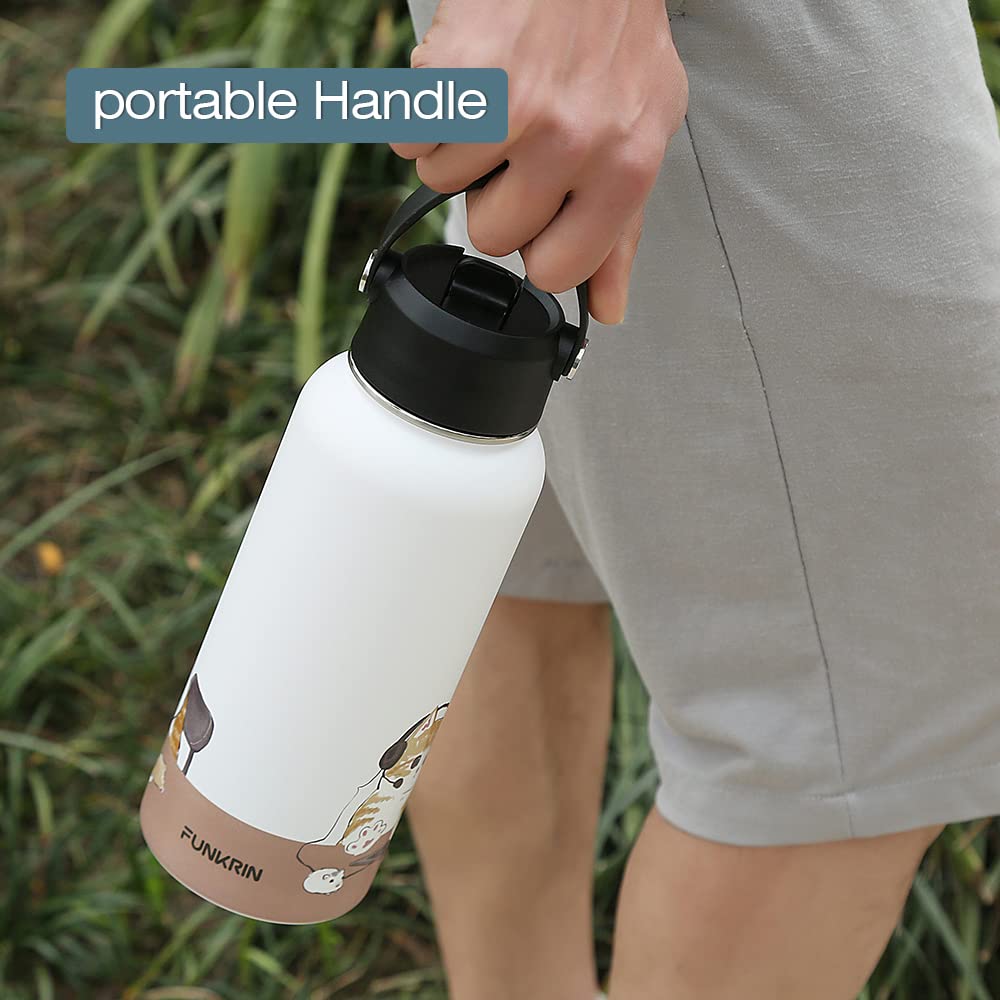 Funkrin Insulated Water Bottle with Straw Lid & Spout Lid, 32oz Personalized Vacuum Stainless Steel Travel Mug, Leak Proof Double Walled Thermos for Hot & Cold Beverages