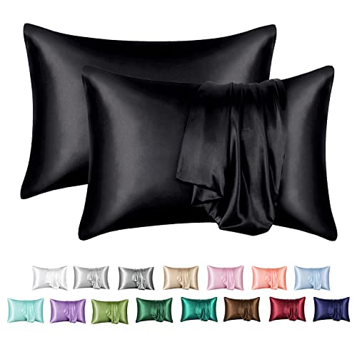 MR&HM Satin Pillowcase for Hair and Skin, Silk Satin Pillowcase 2 Pack, Standard Size Pillow Cases Set of 2, Silky Pillow Cover with Envelope Closure (20x26, Black)