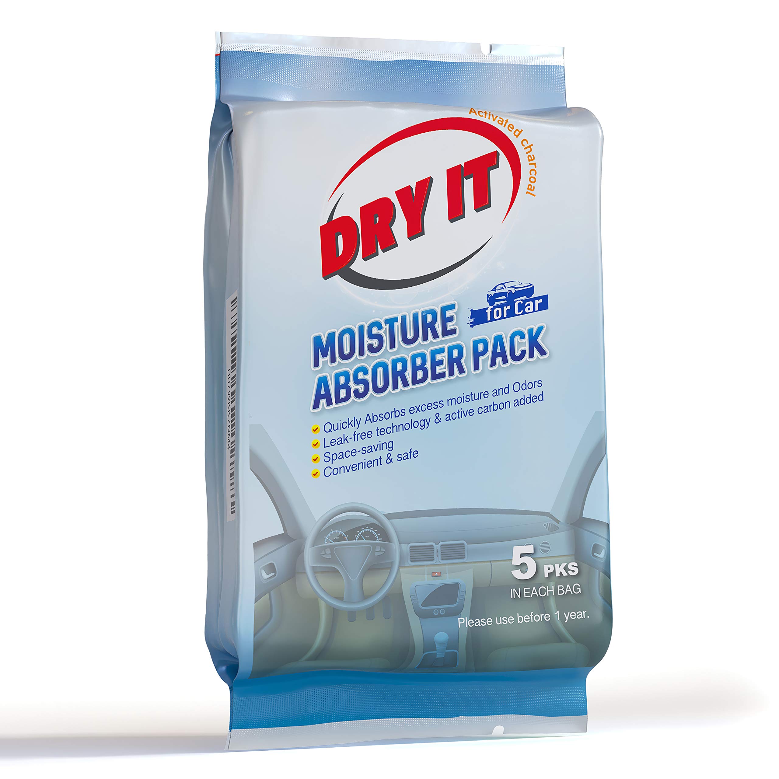 Dry It Activated Charcoal Car Deodorizer & Odor Eliminator - Moisture Absorber & Vehicle Interior Dehumidifier [5pk]