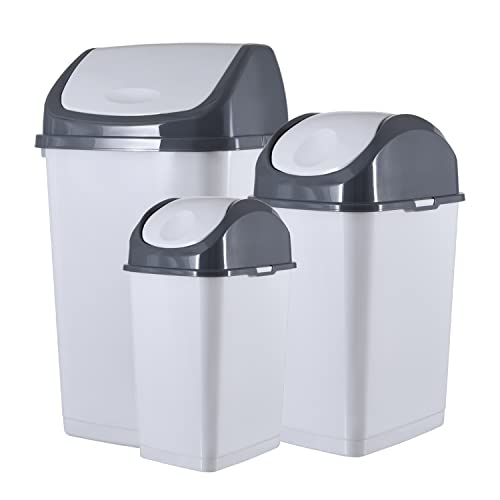 Superio Swing Top Trash Can, Waste Bin for Home, Kitchen, Office, Bedroom, Bathroom, Ideal for Large or Small Spaces - White Smoke (3 Pack- 4.5 Gal, 9 Gal, 13 Gal)