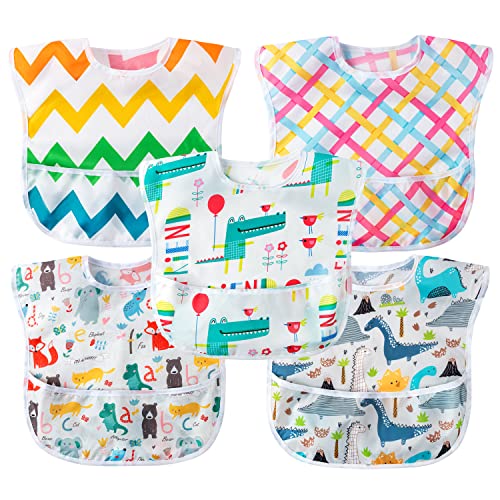 R HORSE 5Pcs Baby Bibs Set Waterproof Feeding Bibs for Babies Infants Bibs with Crumb Catcher Pocket Animals Food Bibs Sleeves Bibs Learn to Feed Shower Gifts Keepsake, 6-24 Months