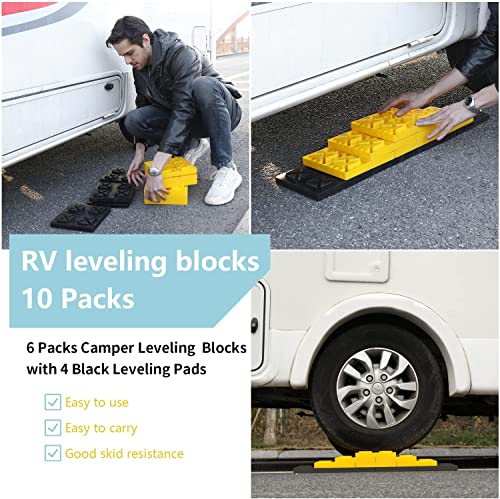 Homeon Wheels RV Leveling Blocks, Heavy Duty 6 Packs Camper Leveling Blocks with 4 Blacks Leveling Pads Prevent The Leveling Blocks from Cracking Due to Uneven Stress